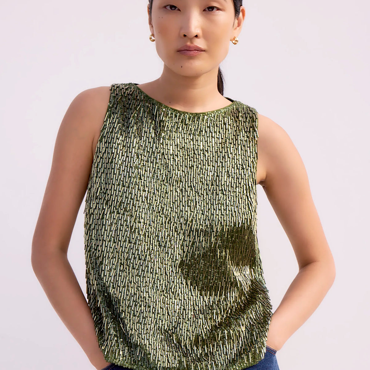 Olive-Green Sequinned Bead-Embellished Top – Ro&Zo