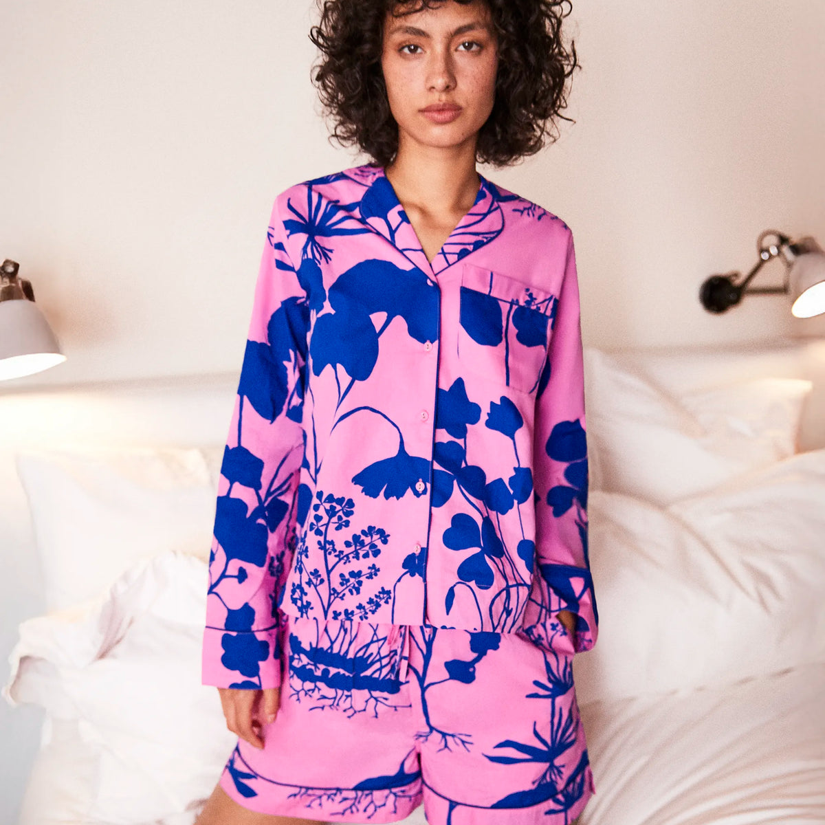 Pink Abstract Floral Print Cotton Short Pyjamas & Sleep Mask – Ro&Zo